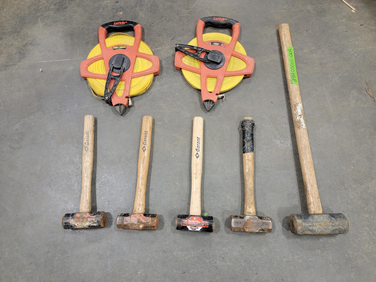 (4) 13 Inch Sledge Hammers, (1) 28 Inch Sledge Hammer, (2) 100 Meter ...