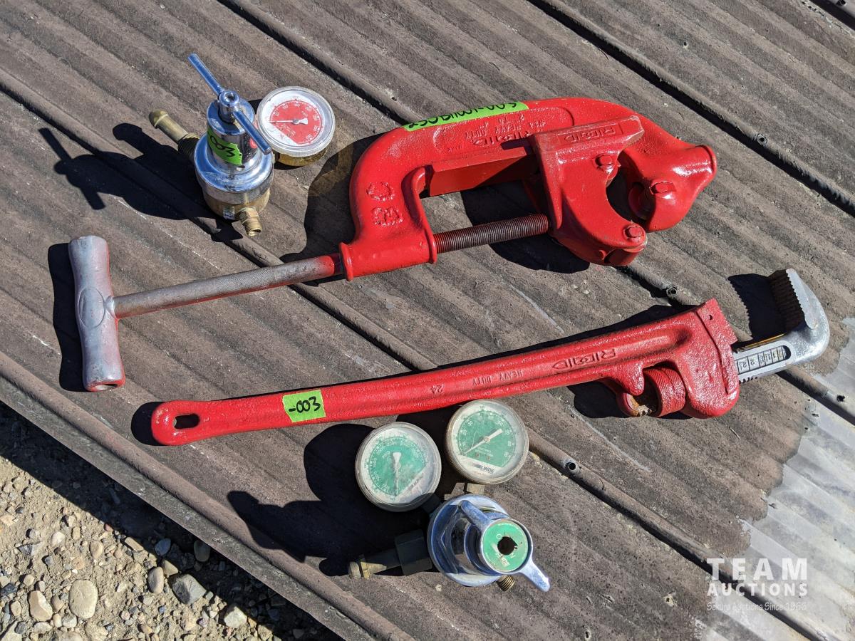 24 Inch Ridgid Pipe Cutter, 24 Inch Pipe Wrench and (2) Regulators ...