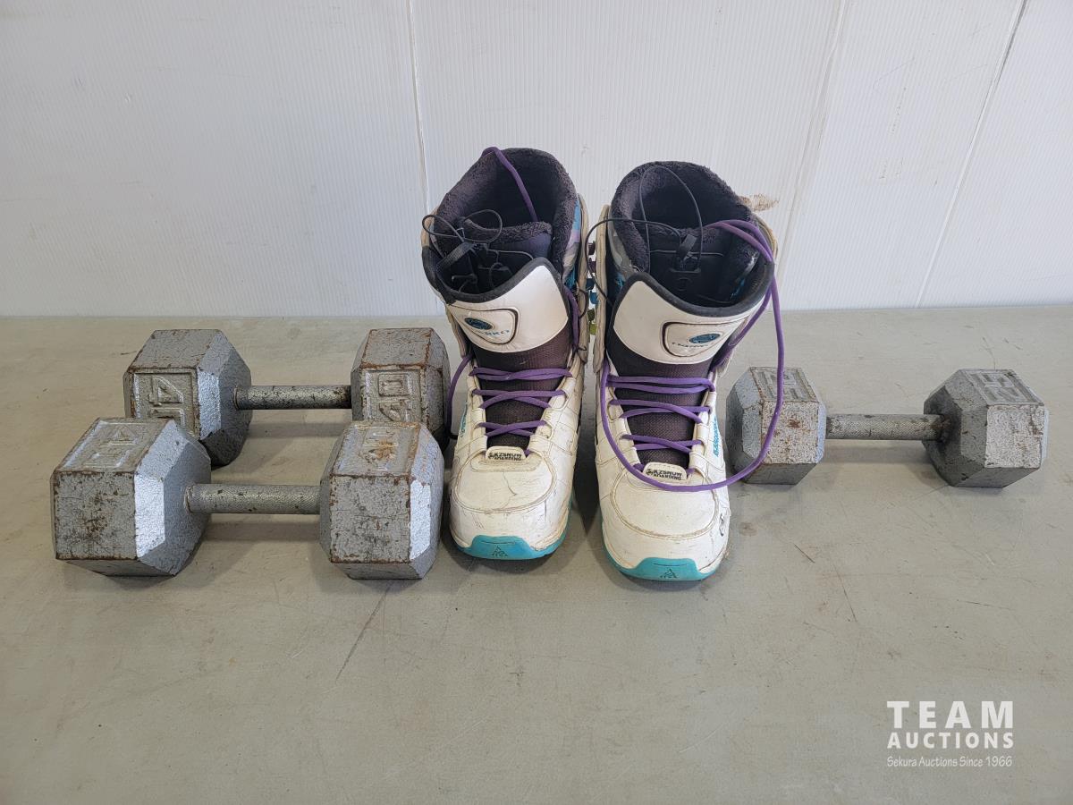 Men's Size 11 Snowboarding Boots, (2) 40 lb Weights and (1) 25 lb ...