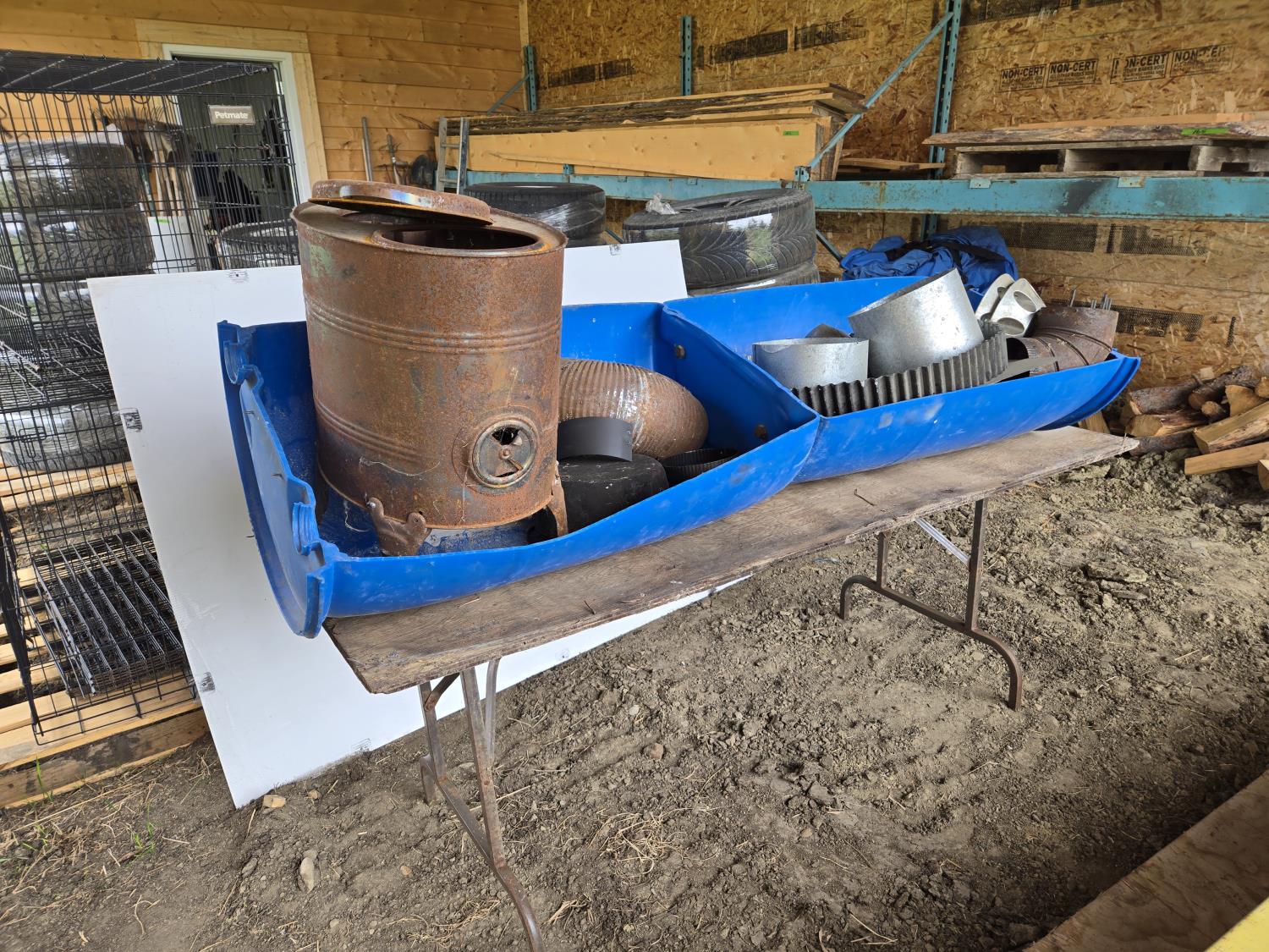 Blue Barrel Feed Trough, Small Wood Stove with Stove Pipe and Roof ...