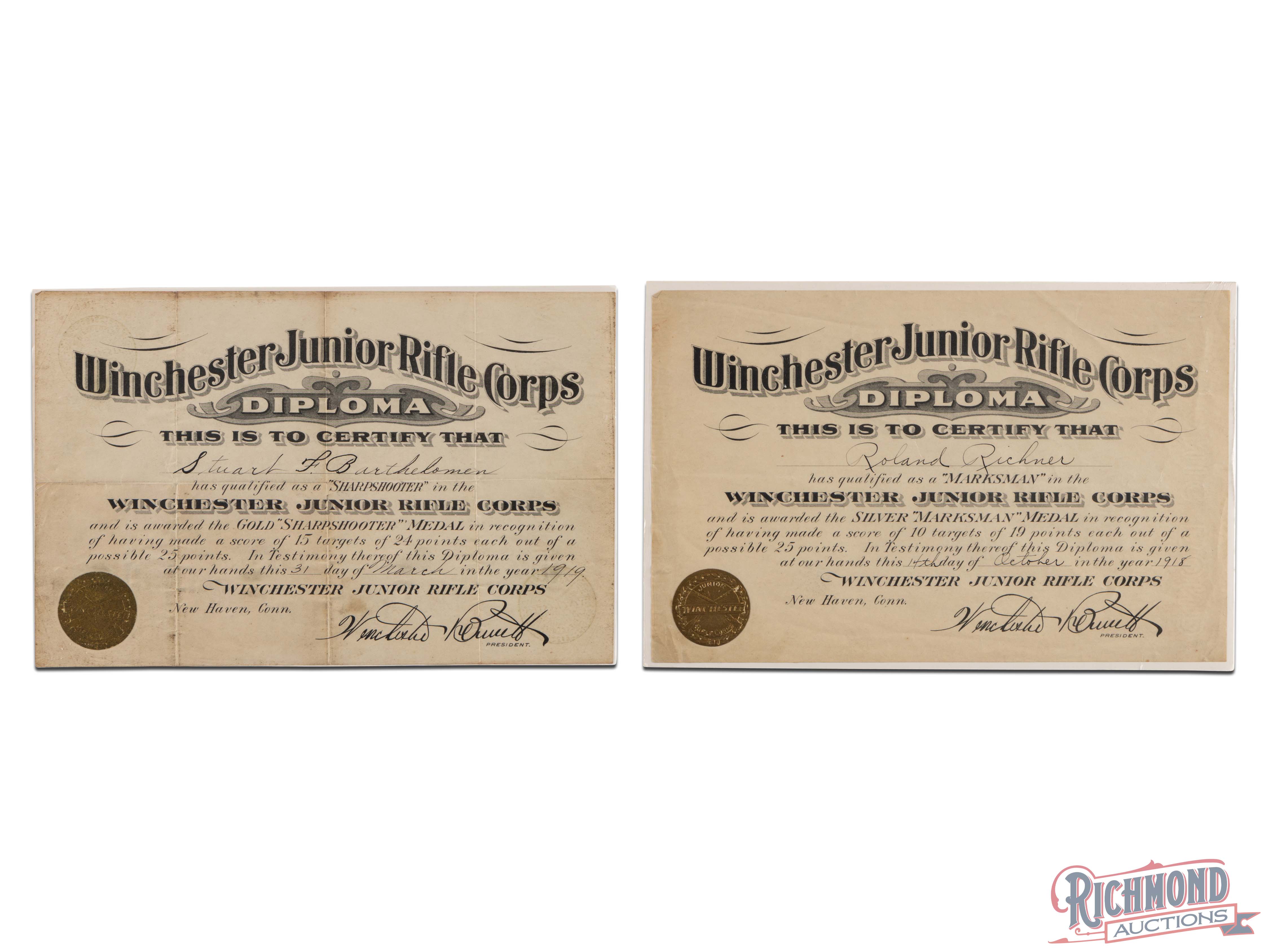 Two Winchester Junior Rifle Corps Diplomas Marksman & Sharpshooter ...