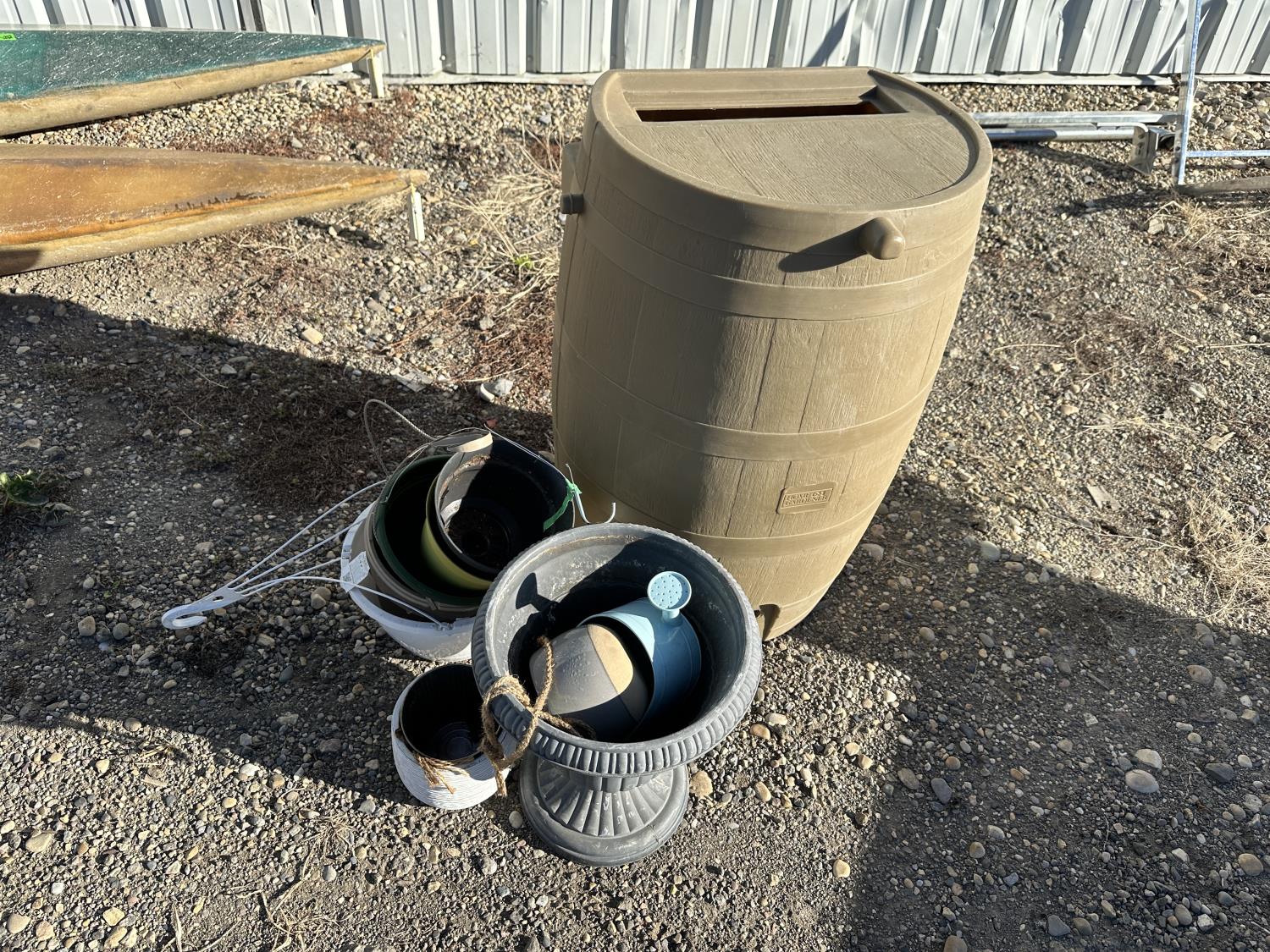 Poly Rain Barrel and Assorted Flower Pots [24IG37009-015] | Team Auctions