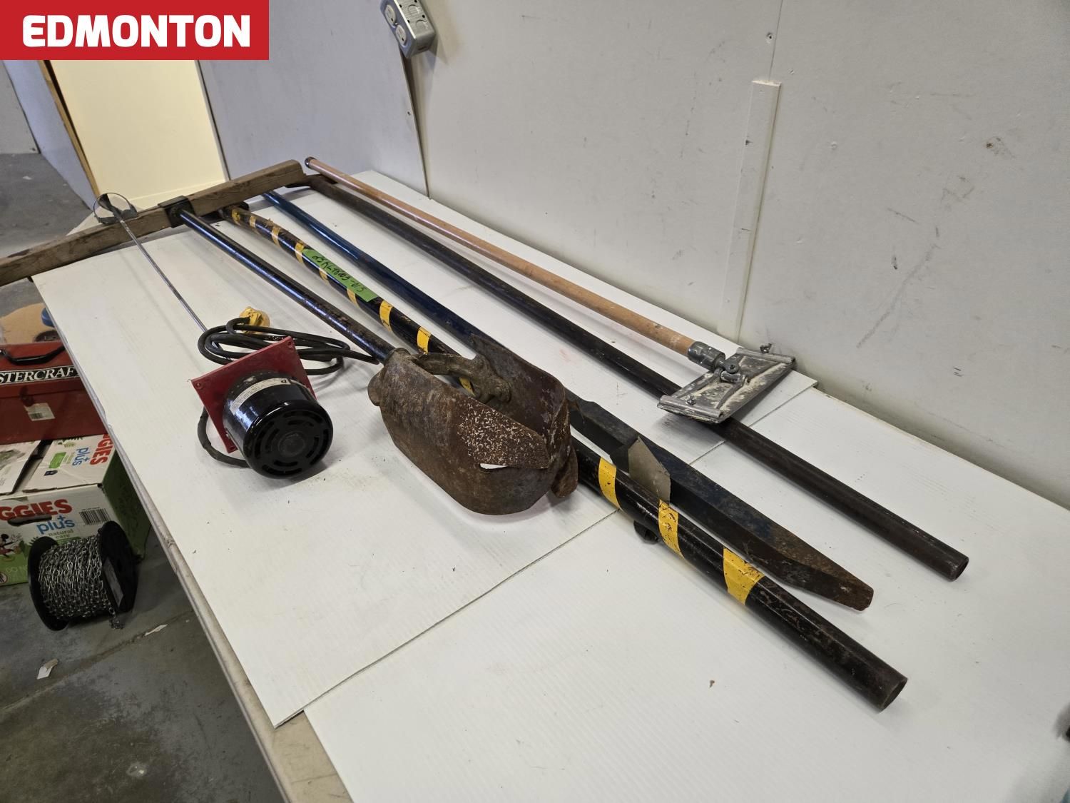 Crow Bar, Post Hole Auger, (2) Ice Picks, Sander with Long Handle ...