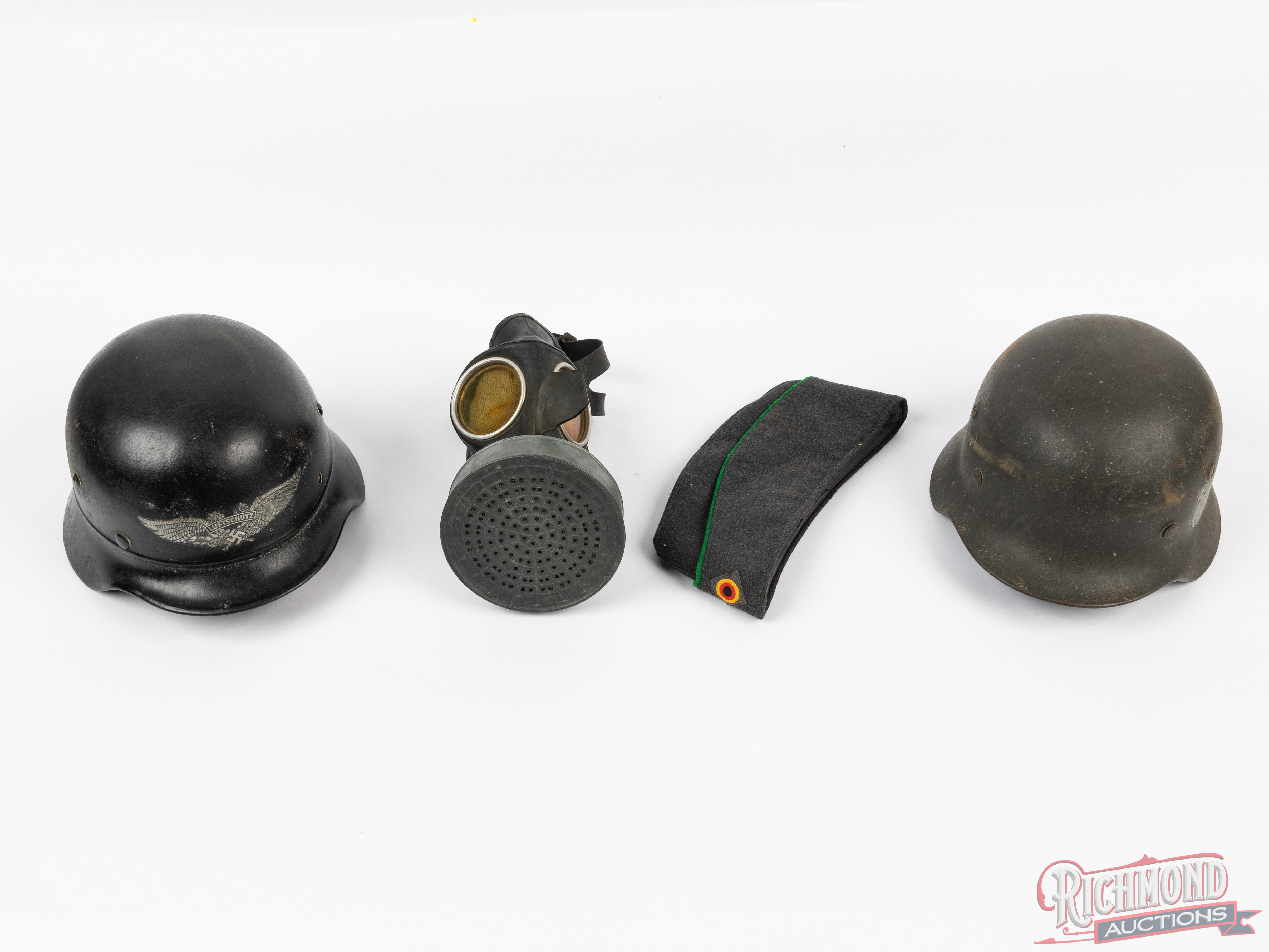 Two German WWII Stahl Helm Helmets, Civilian Gas Mask And Reproduction ...