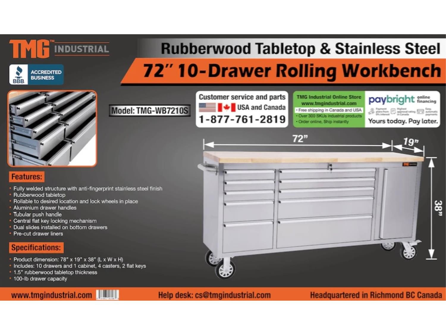 StanForge WB7210S 72 Inch 10-Drawer Rolling Work Bench (Unused ...