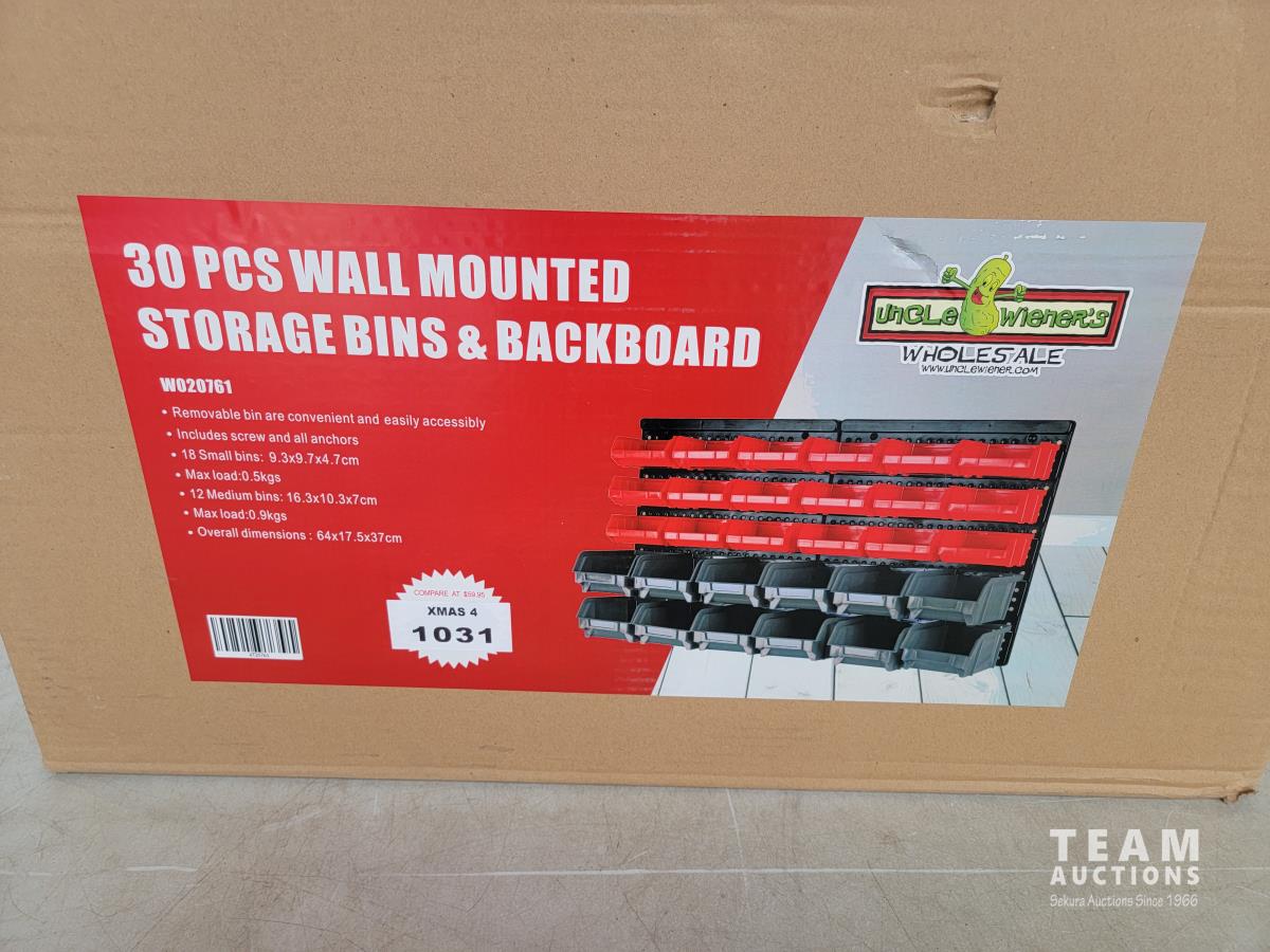 30 Piece Wall Mounted Storage Bins and Backboard (Unused) [23LC05997 ...