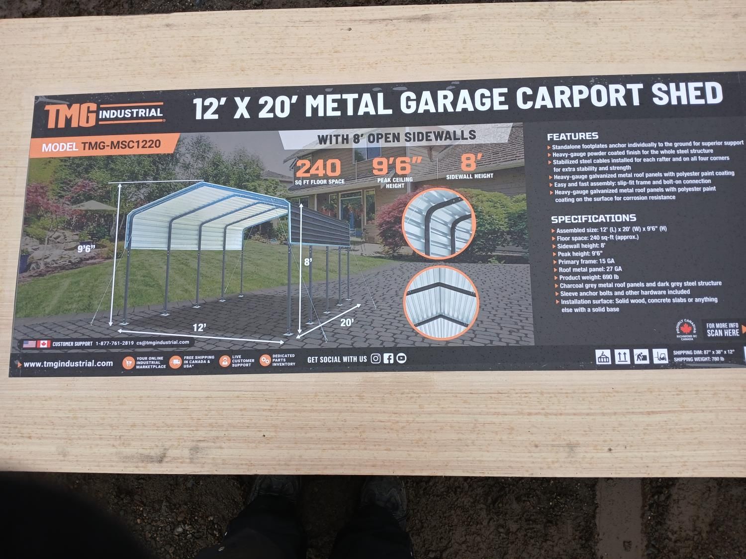 TMG Industrial TMG-MSC1220 12 Ft X 20 Ft Metal Garage Carport Shed (Unused) [25AA03995-009 ...