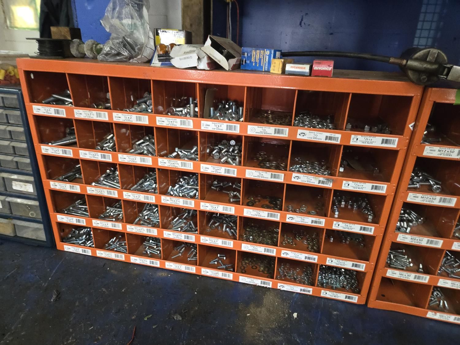 (2) 40 Compartment Bolt Bins with Contents, 39 Compartment Poly Storage ...