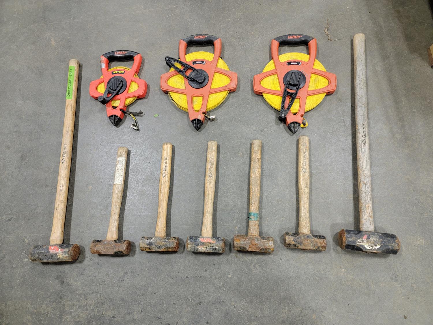 (5) 13 Inch Sledge Hammers, (2) 28 Inch Sledge Hammers, 100 Ft Tape Measure, (2) 300 Ft Tape ...